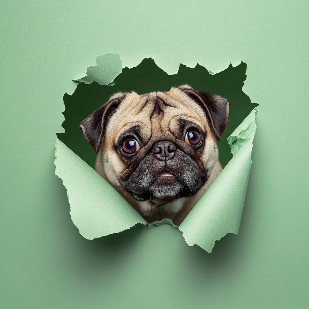 Pug Peeking Through Green Paper Photo on Lummi