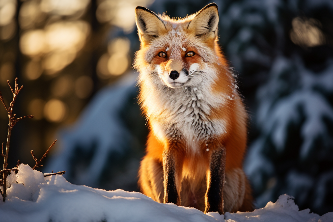 Alert Red Fox at Sunrise in Snow Photo on Lummi