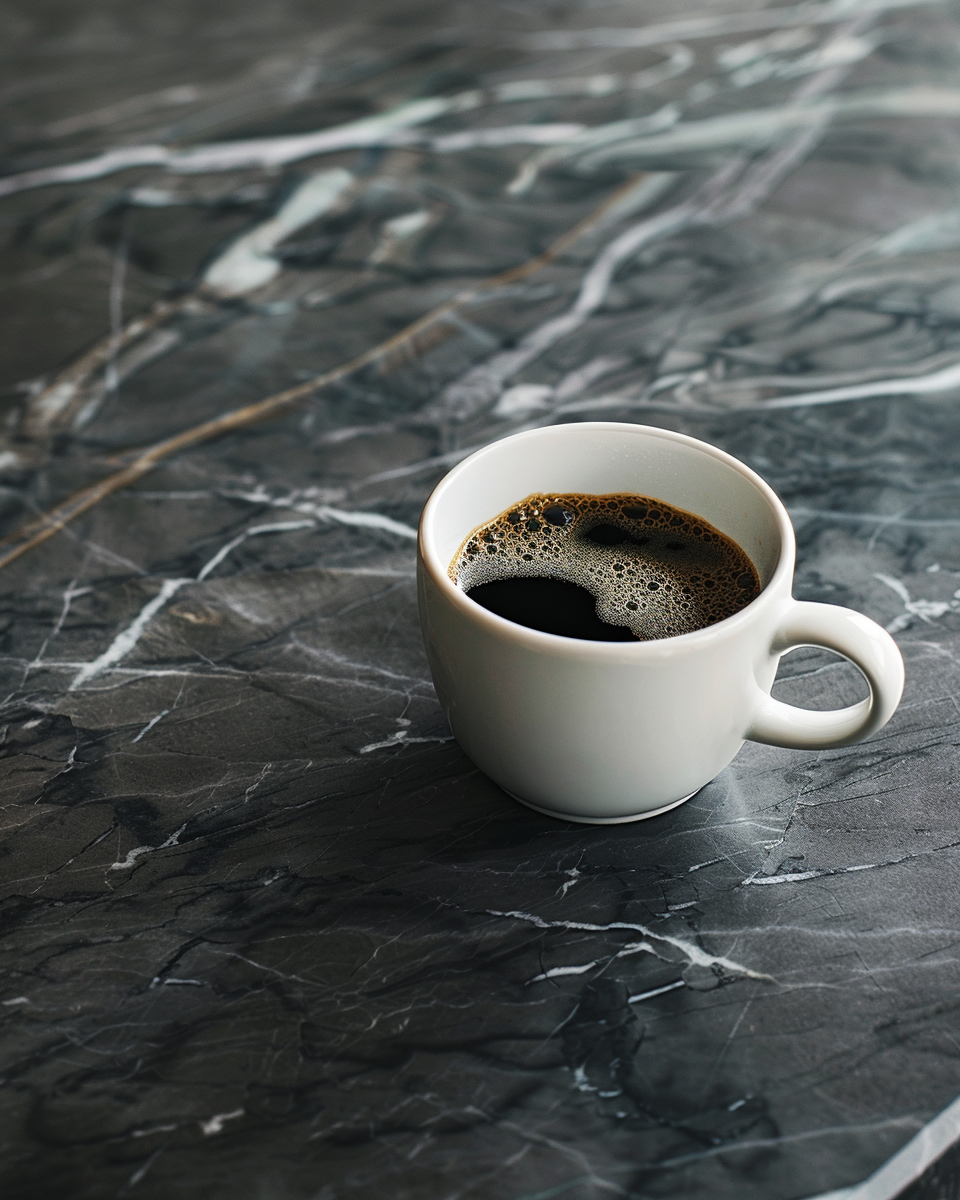 Frothy Coffee in White Cup on Marble Surface Photo on Lummi
