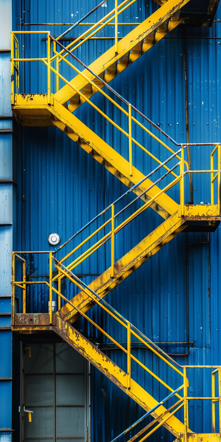 Vibrant Yellow Staircase Against Blue Metal Wall Photo on Lummi Vibrant Yellow Staircase Against Blue Metal Wall Photo on Lummi