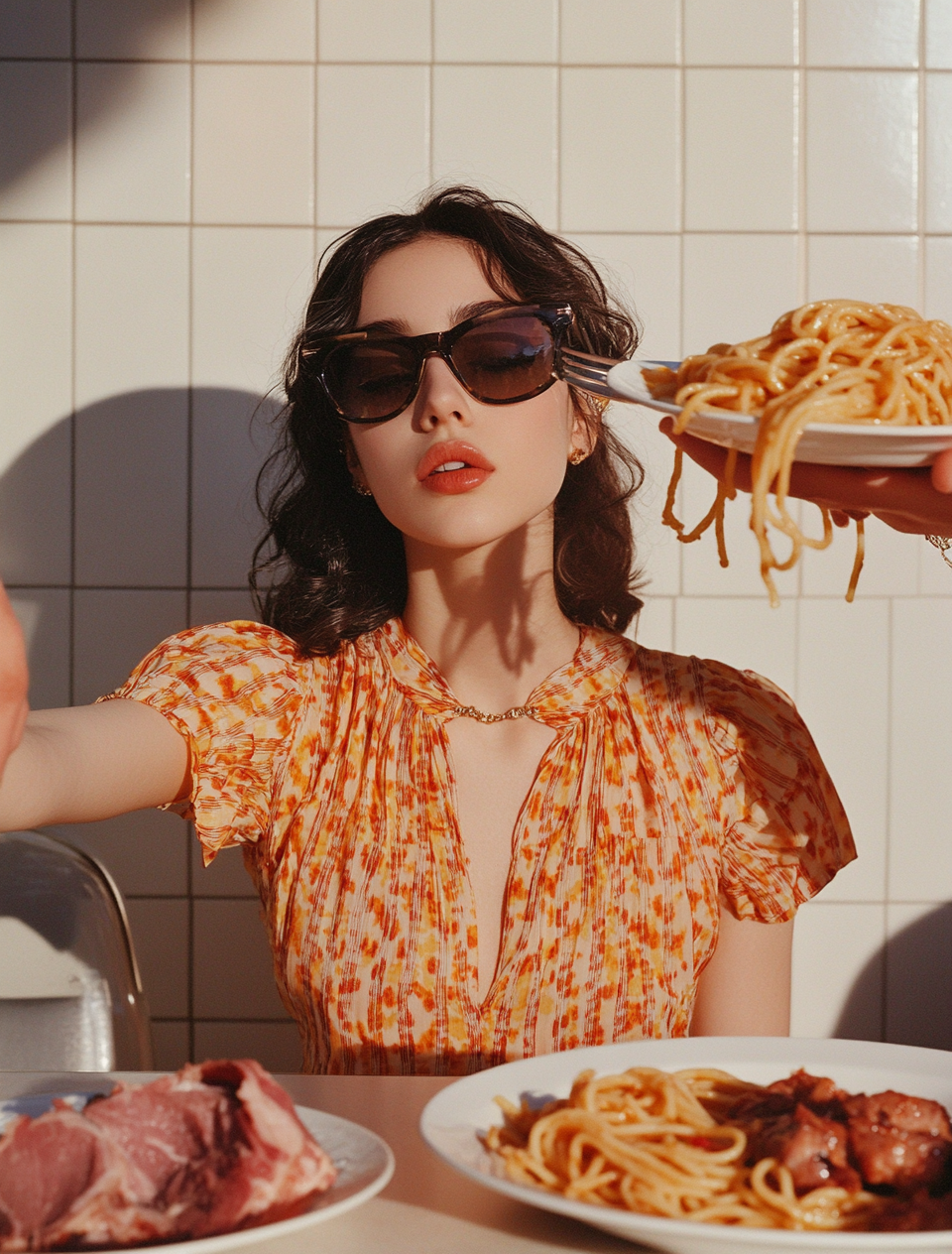 Woman in Sunglasses with Spaghetti Photo on Lummi
