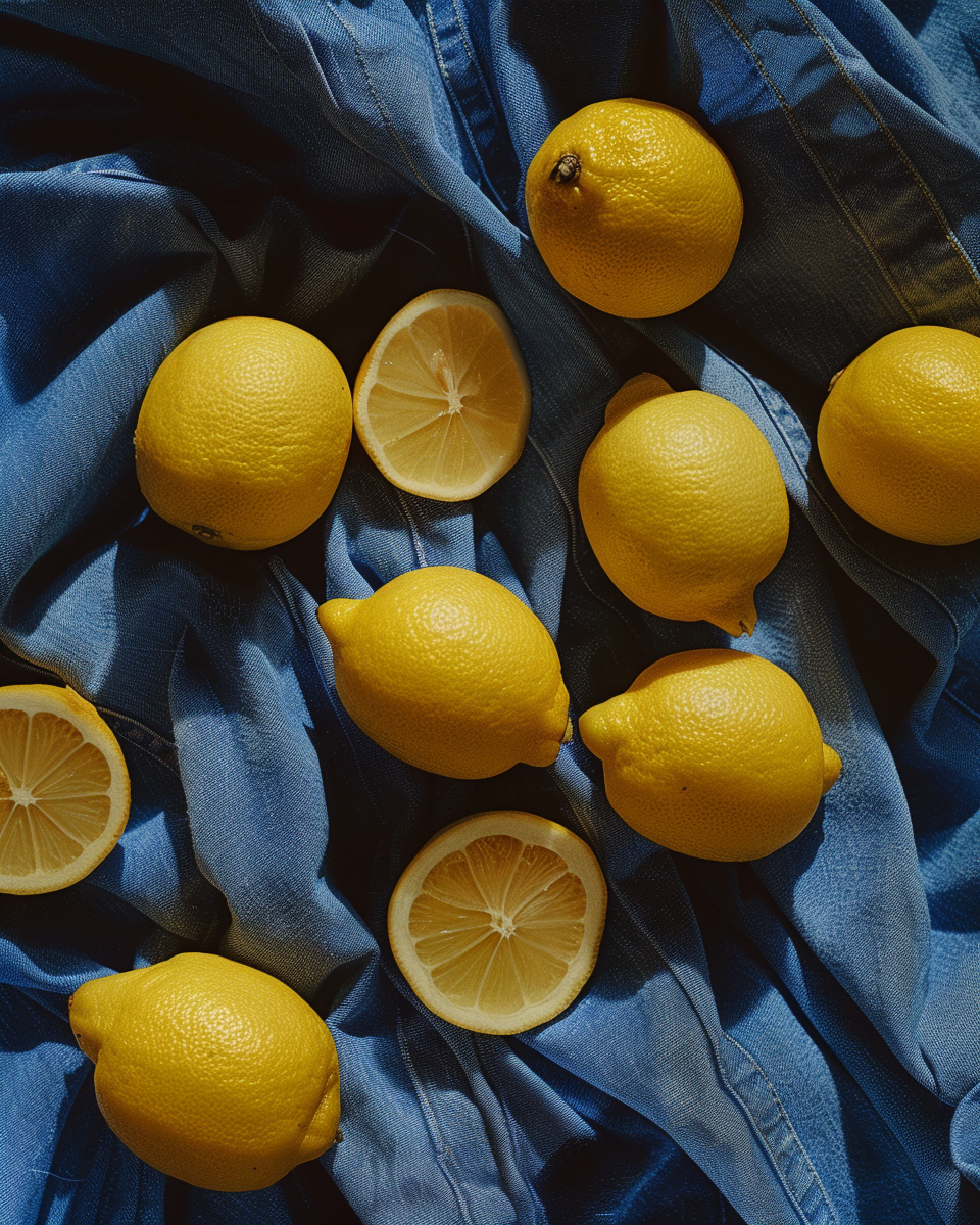 Lummi Photo - Vibrant Yellow Lemons on Textured Blue Fabric