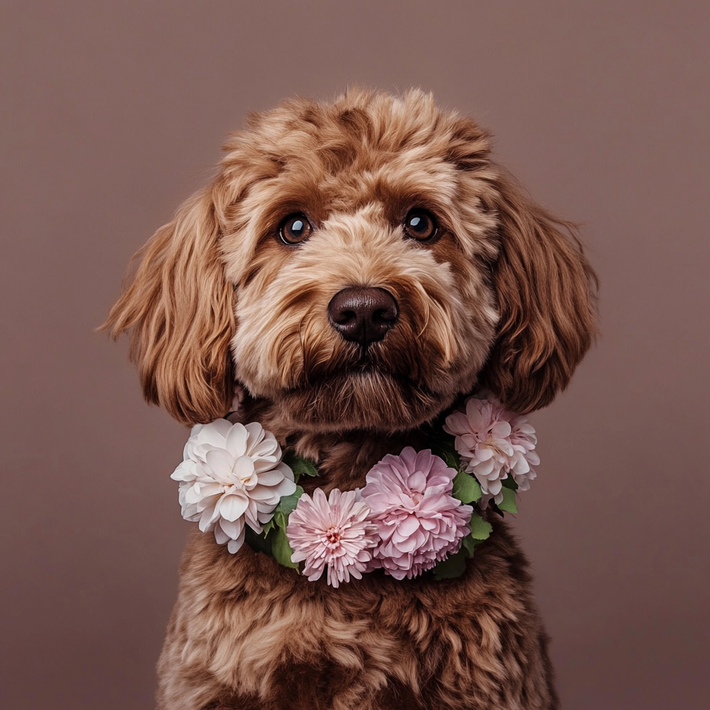 Fluffy Brown Dog with Floral Wreath Photo on Lummi