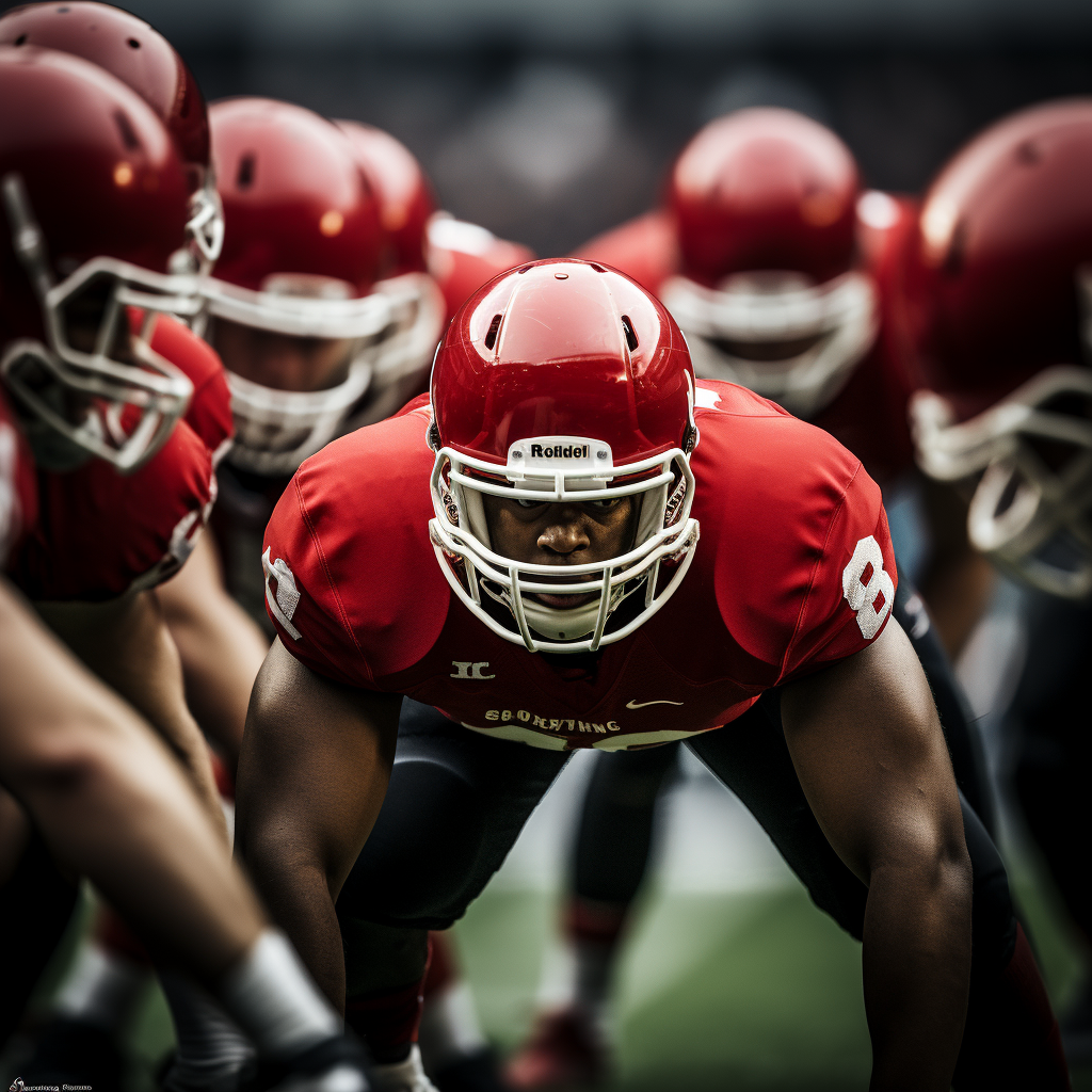 Red Football Player in Pre-Snap Focus Photo on Lummi