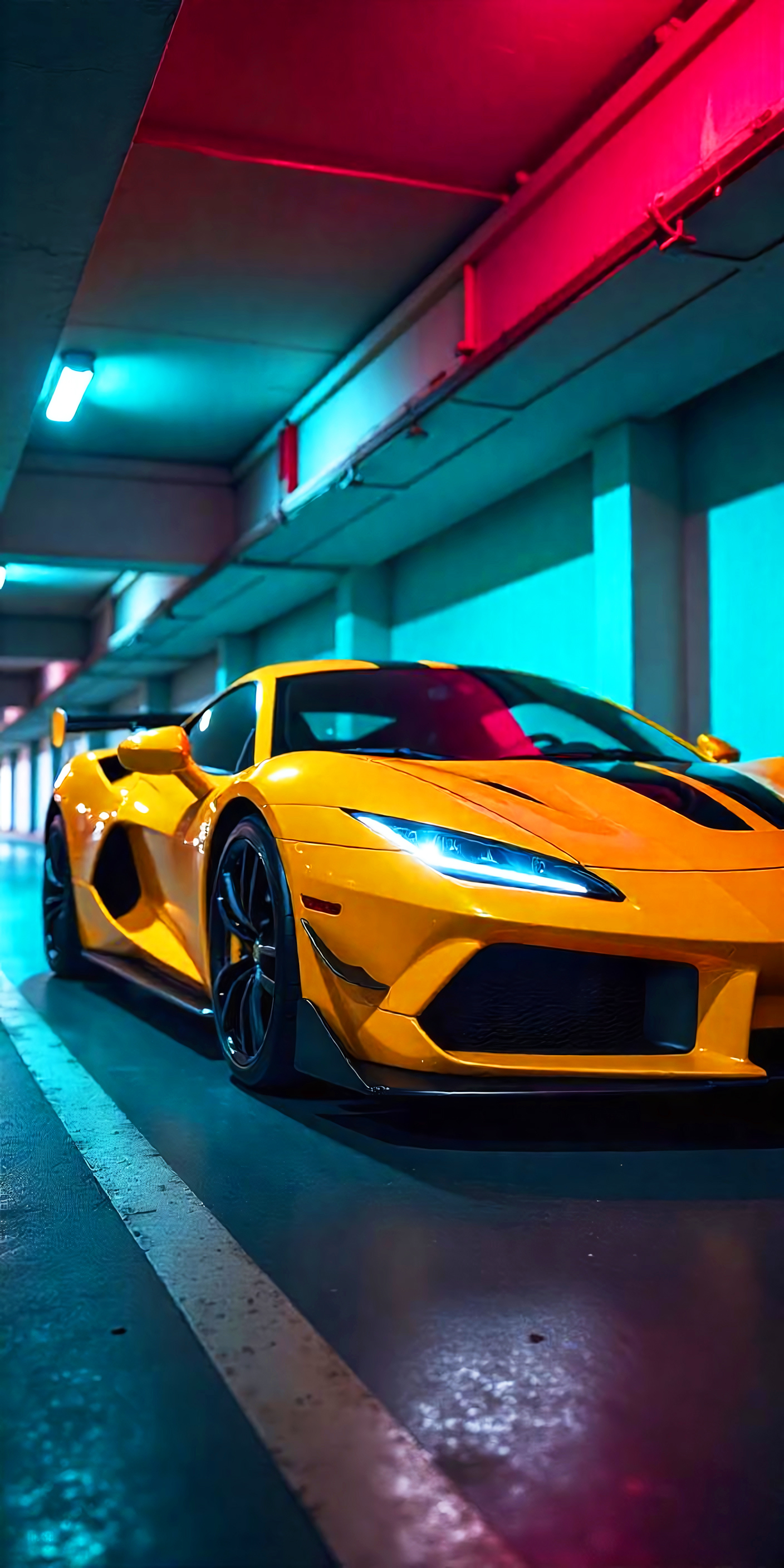Sleek Yellow Sports Car in Neon-lit Garage Photo on Lummi