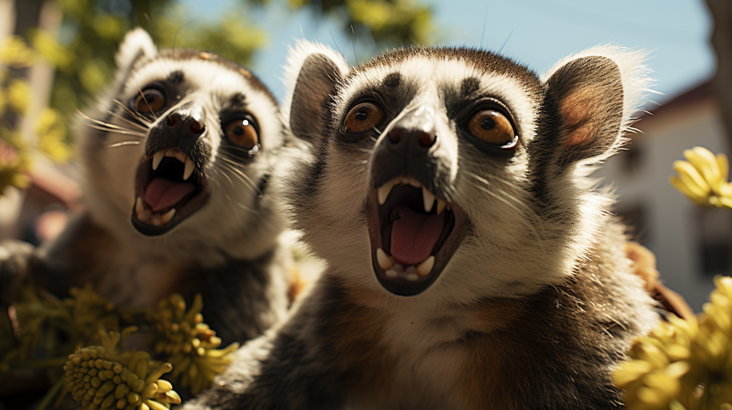 Dramatic Duo: Expressive Ring-Tailed Lemurs in Sunlit Surprise Photo on Lummi