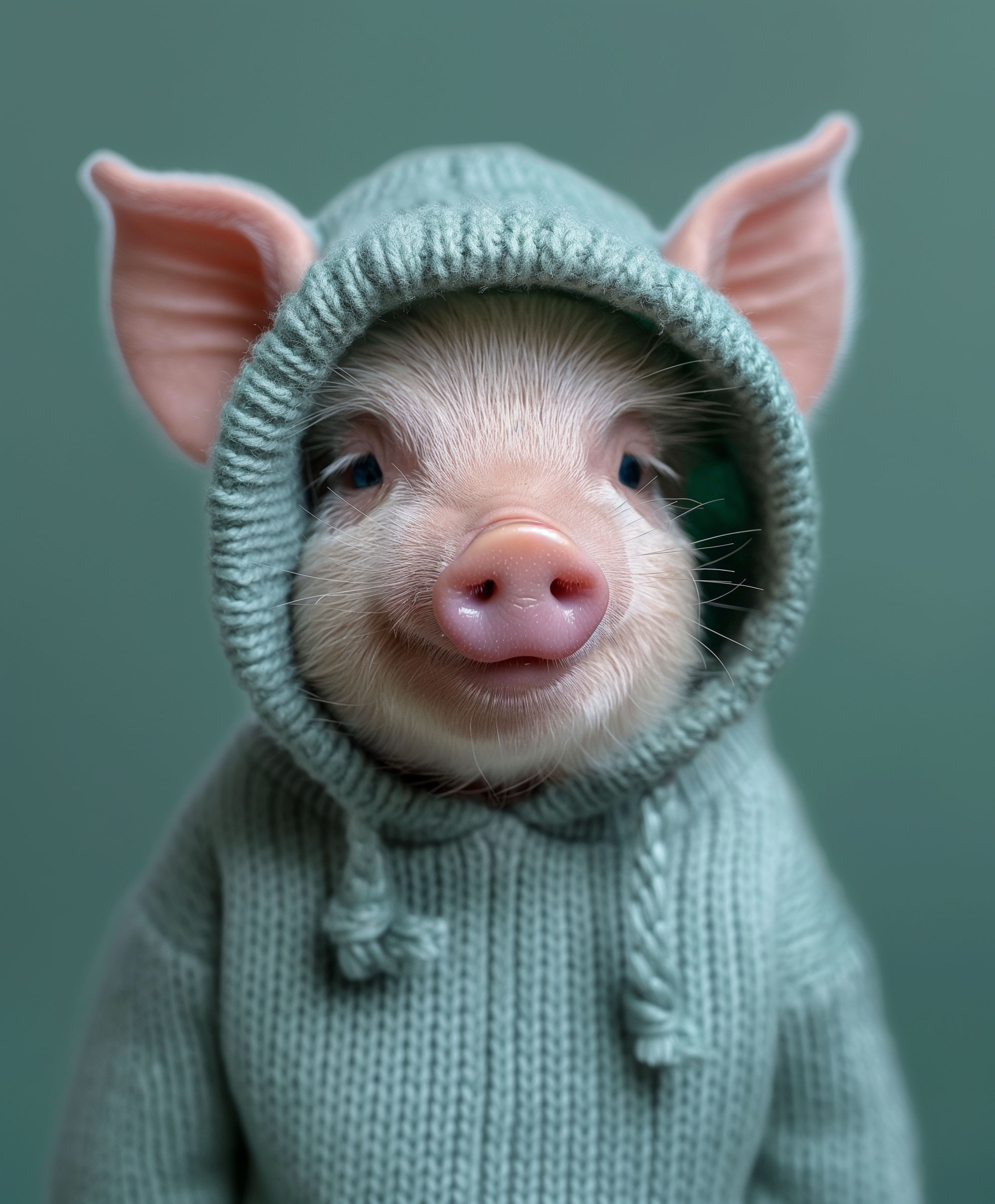 Portrait of a Pig in a Teal Hoodie Photo on Lummi