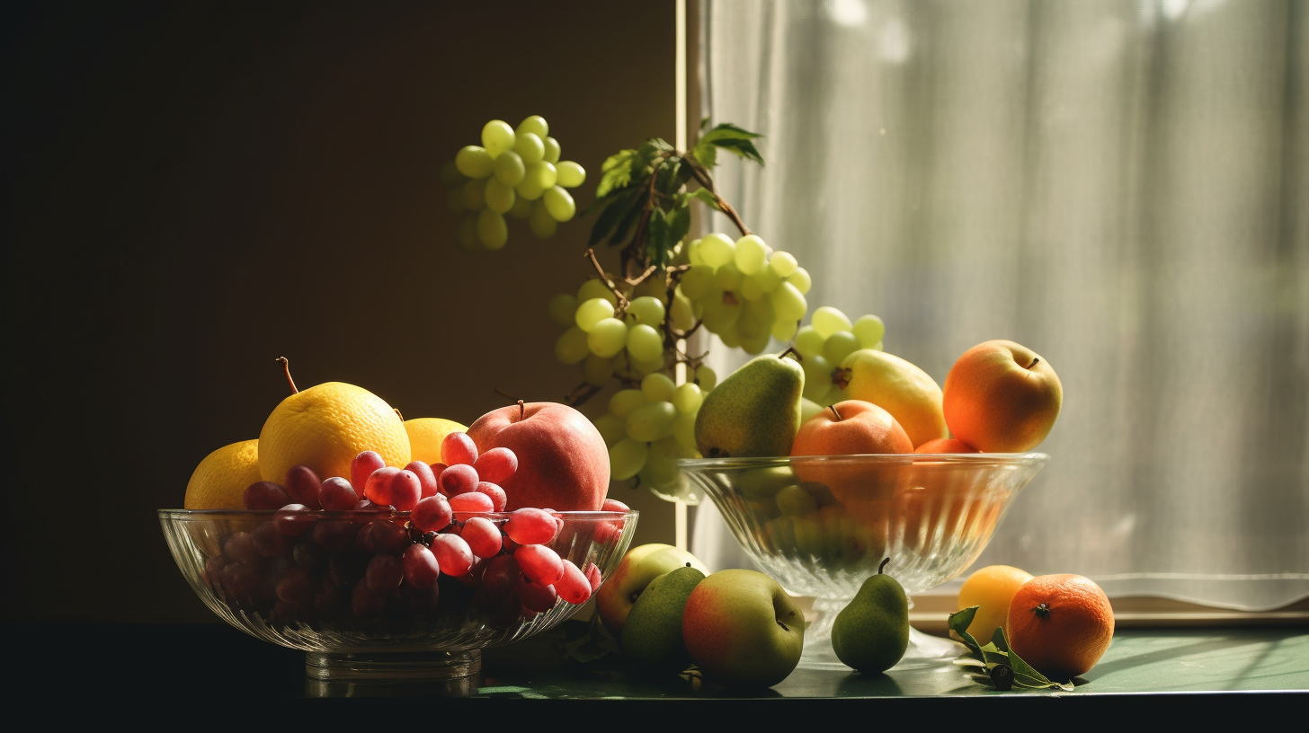 Classic Still Life with Assorted Fruits and Glass Bowls Photo on Lummi