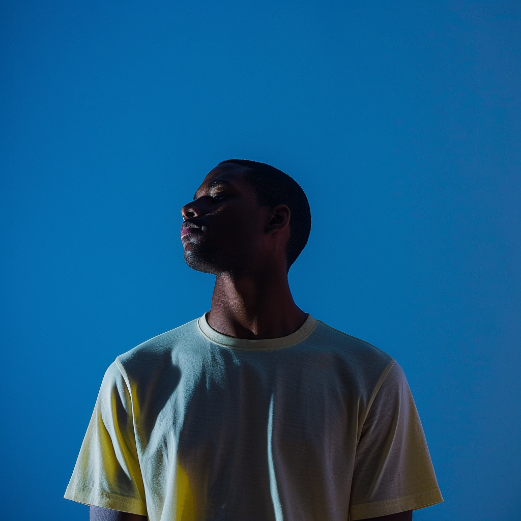 Contemplative Young Man with Upward Gaze Photo on Lummi