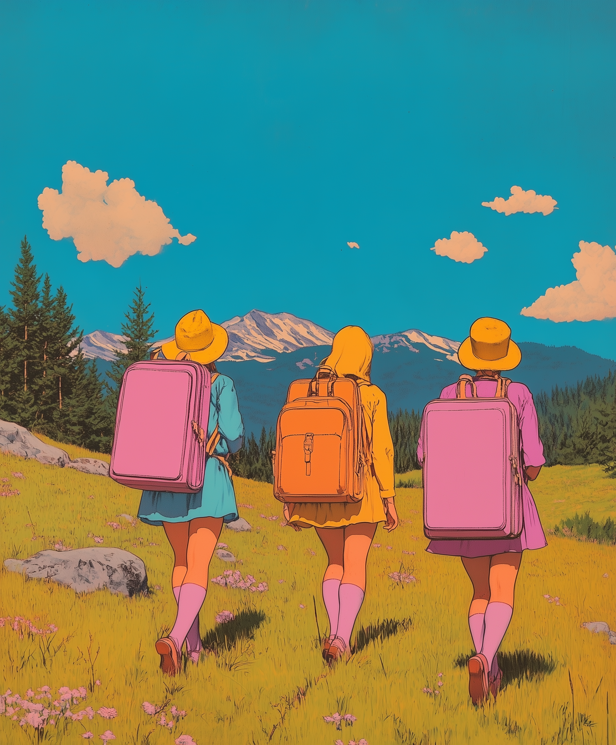Hiking Adventure in Vibrant Landscape Illustration on Lummi