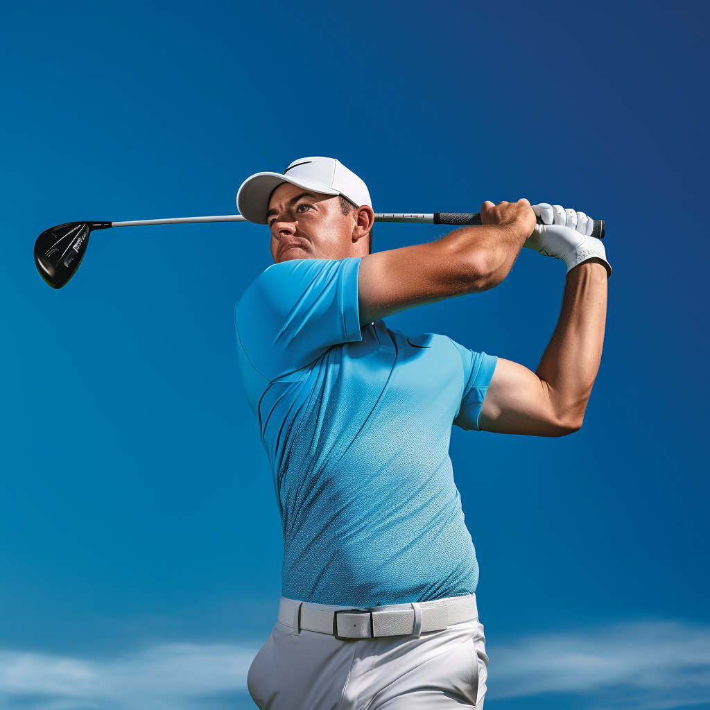 Concentrated Golfer in Classic Attire Mid-Swing Photo on Lummi