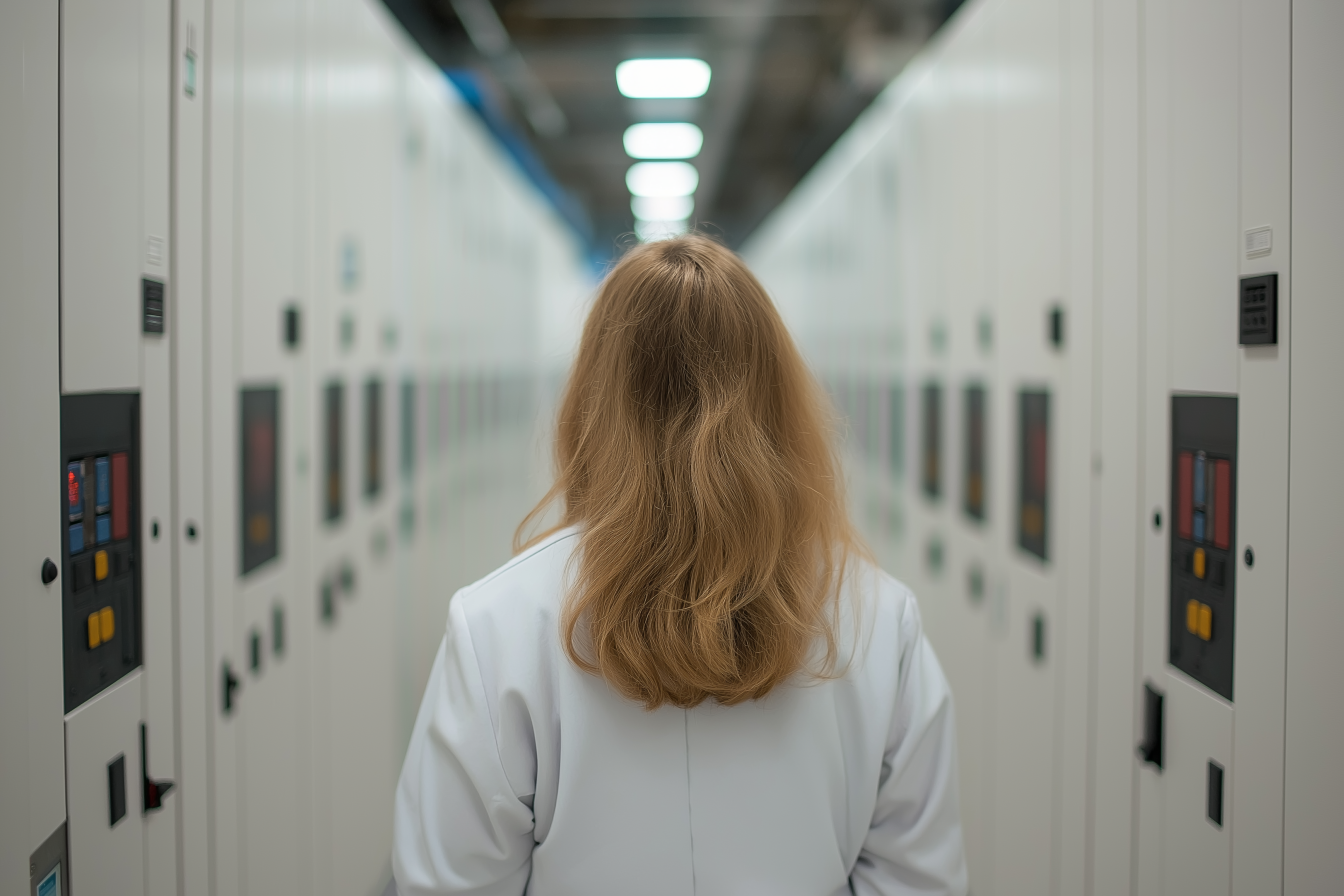 Person in Lab Coat Walking Down Corridor Photo on Lummi