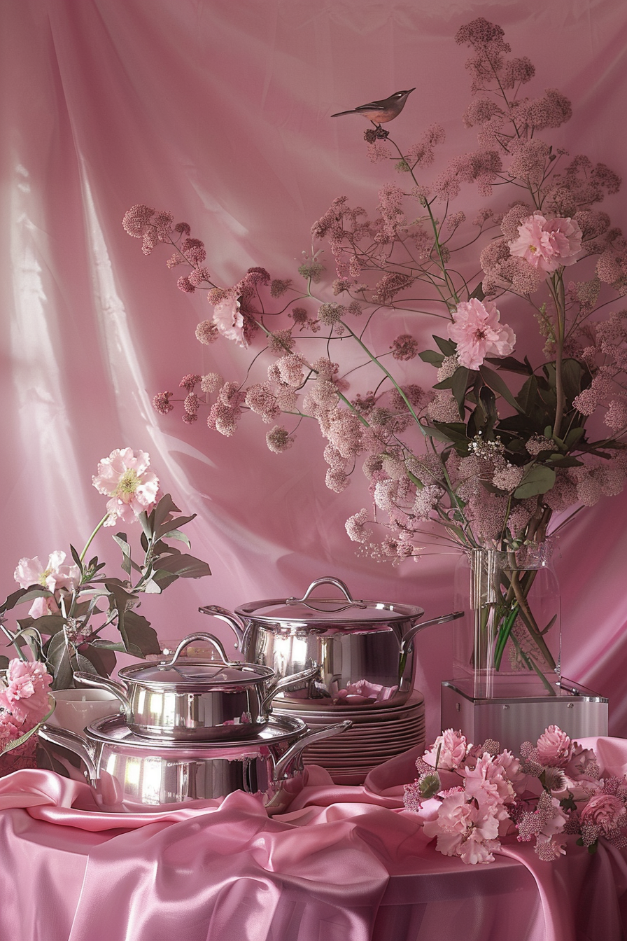 Elegant Pink Cookware and Floral Display Photo on Lummi