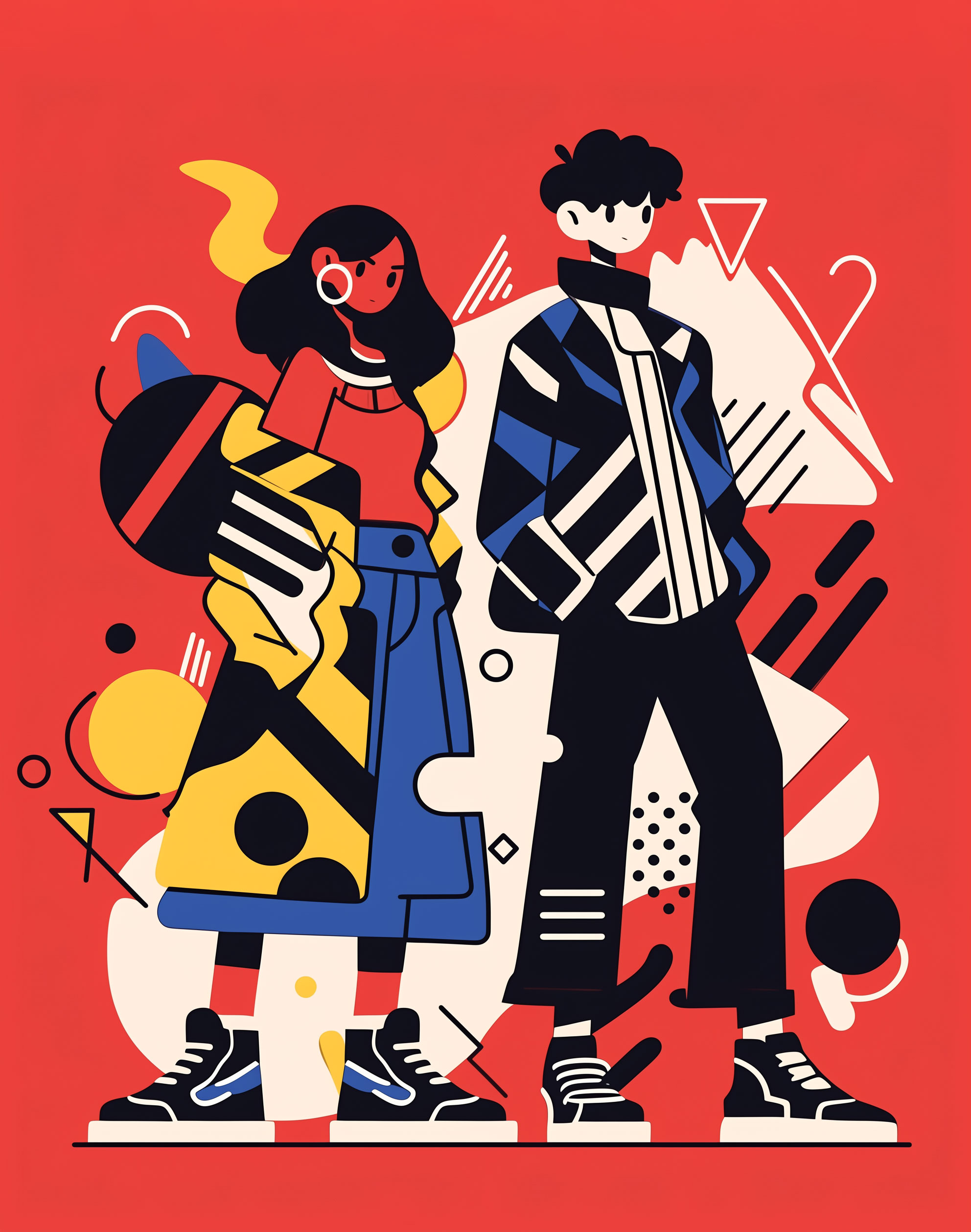 Stylized Human Figures on Vibrant Red Background Illustration on Lummi