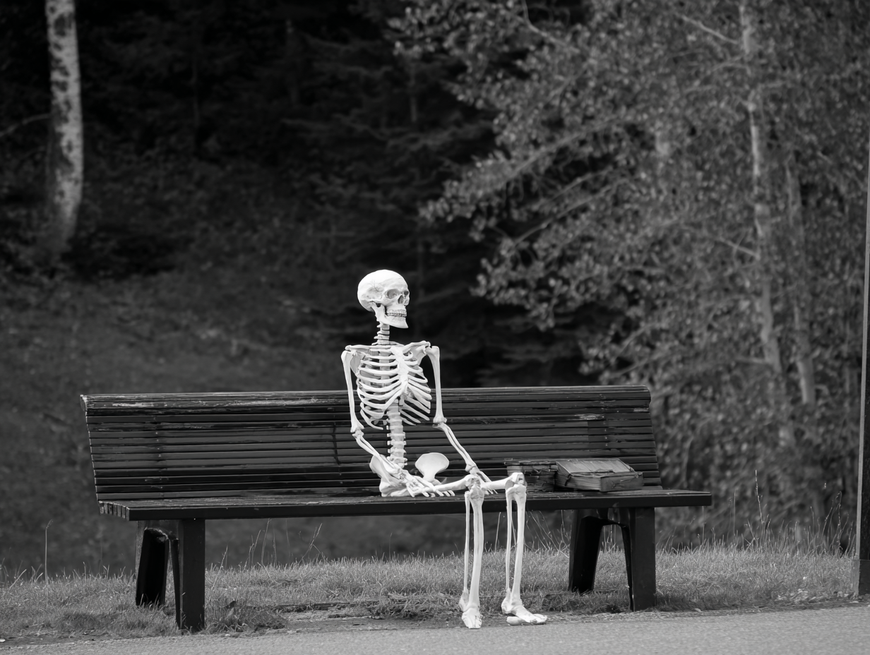 Skeleton on Park Bench Photo on Lummi