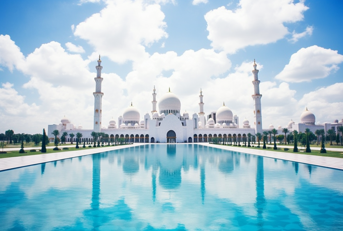 Sunny Day at Sheikh Zayed Grand Mosque with Reflective Pool Photo on Lummi