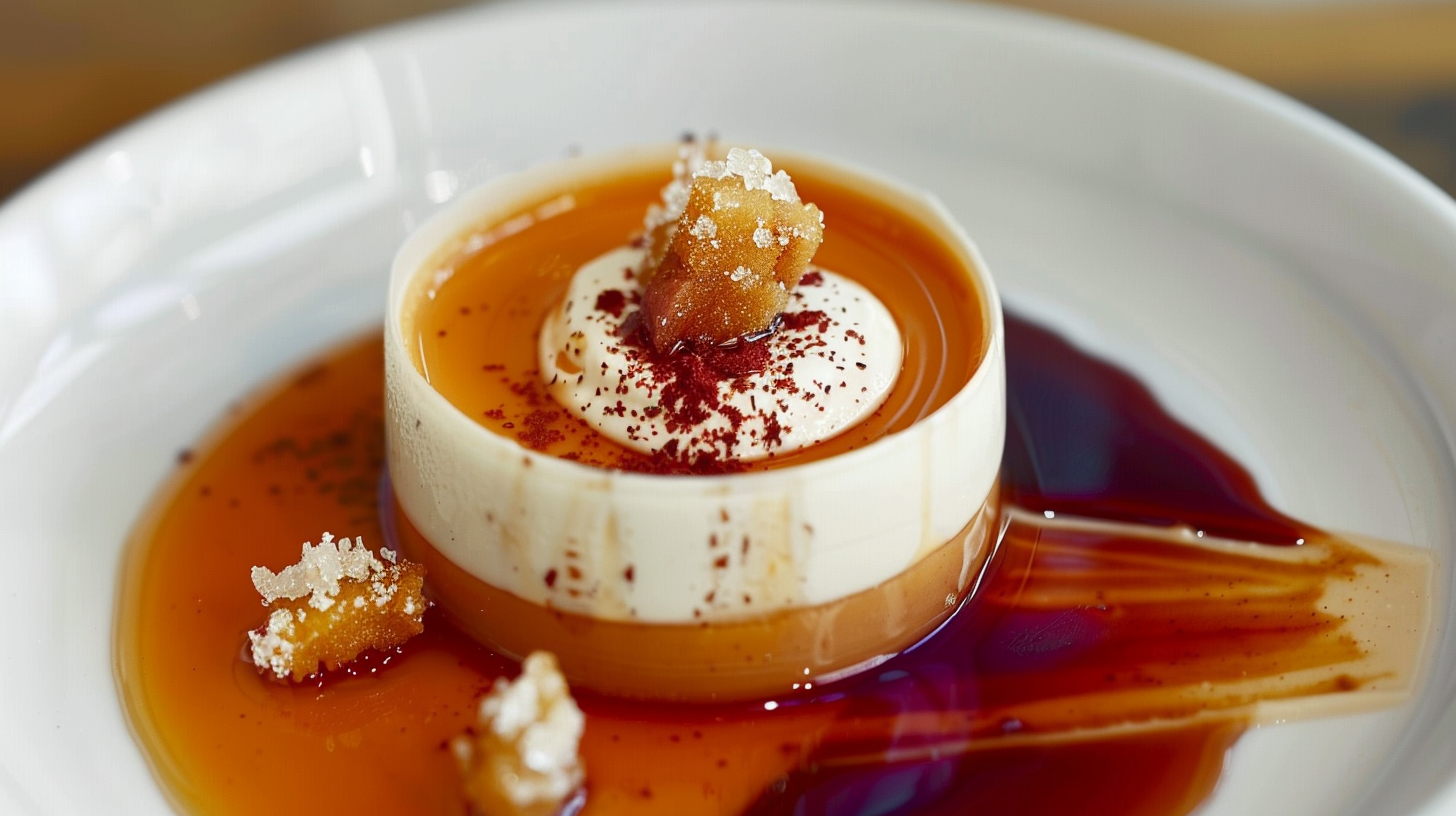 Gourmet Plated Panna Cotta with Caramel Sauce Photo on Lummi