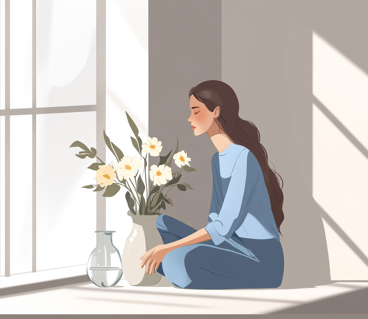 Serene Interior with Contemplative Woman Illustration on Lummi