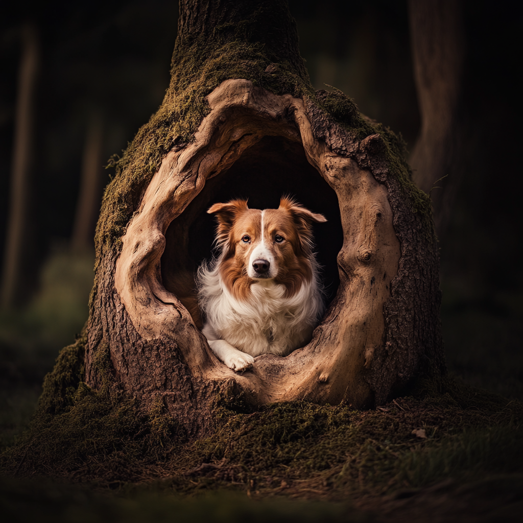 Lummi Photo - Dog in Tree Trunk