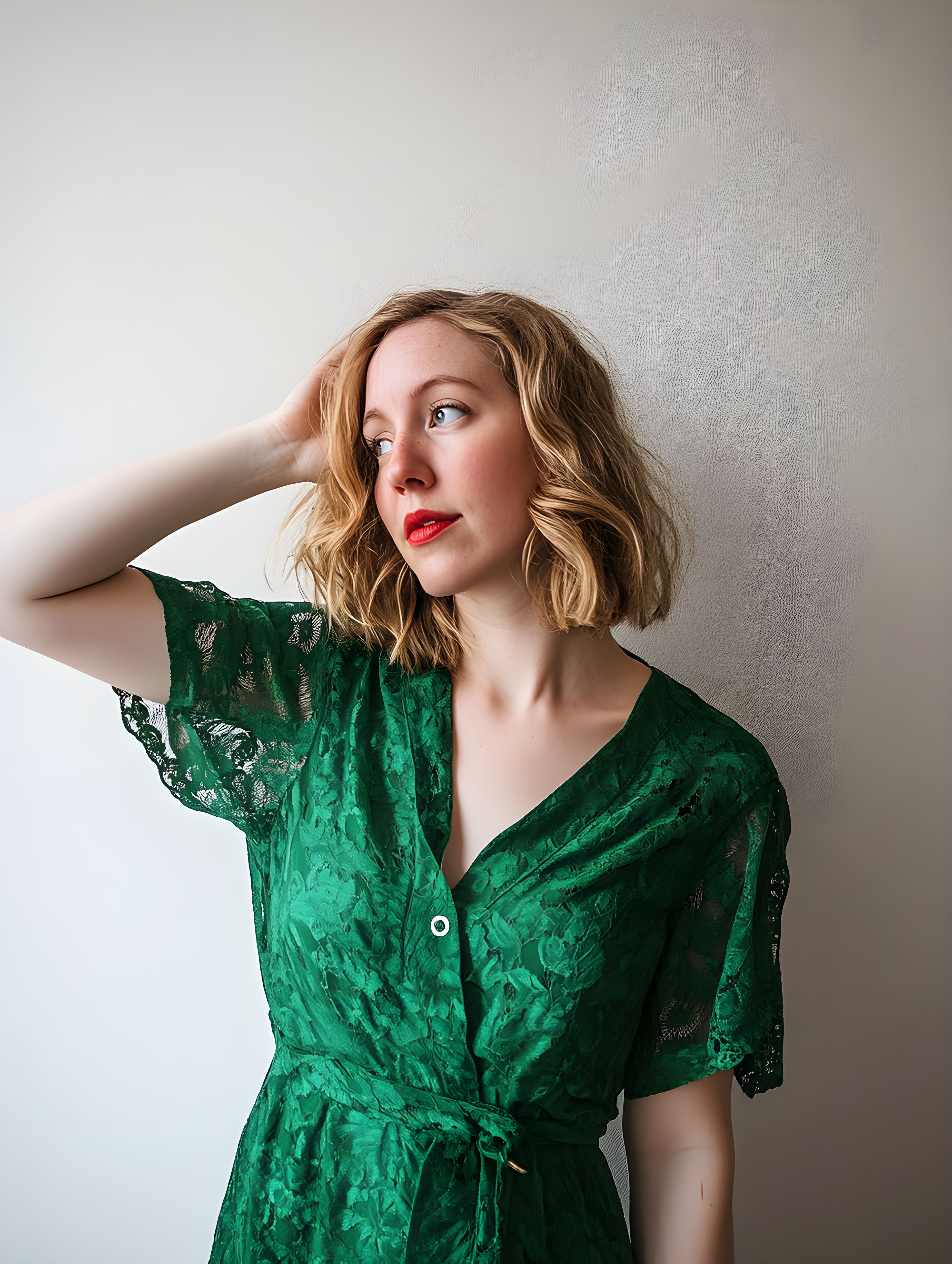 Contemplative Woman in Emerald Green Dress Photo on Lummi