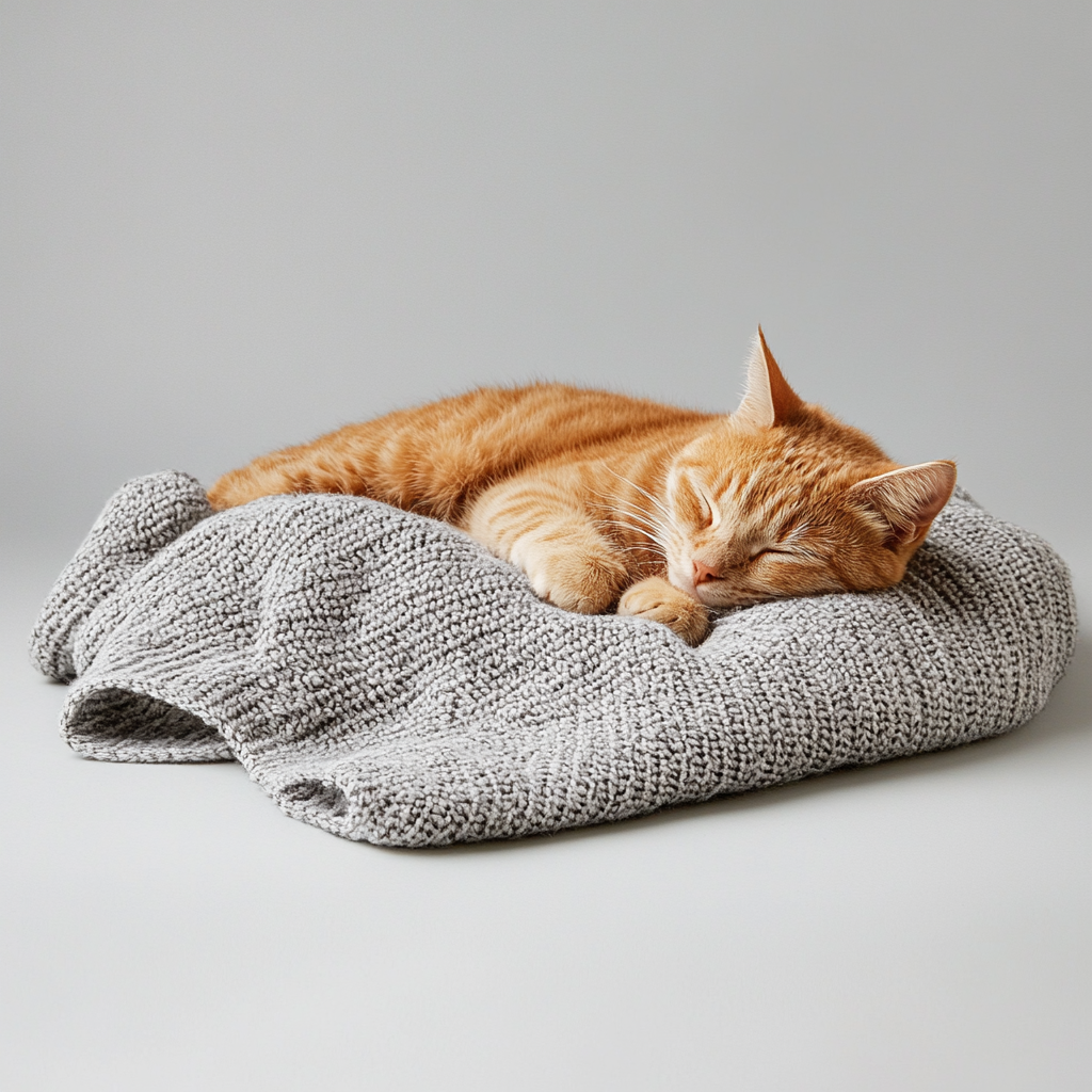 Sleeping Ginger Cat on Knitted Blanket Photo on Lummi
