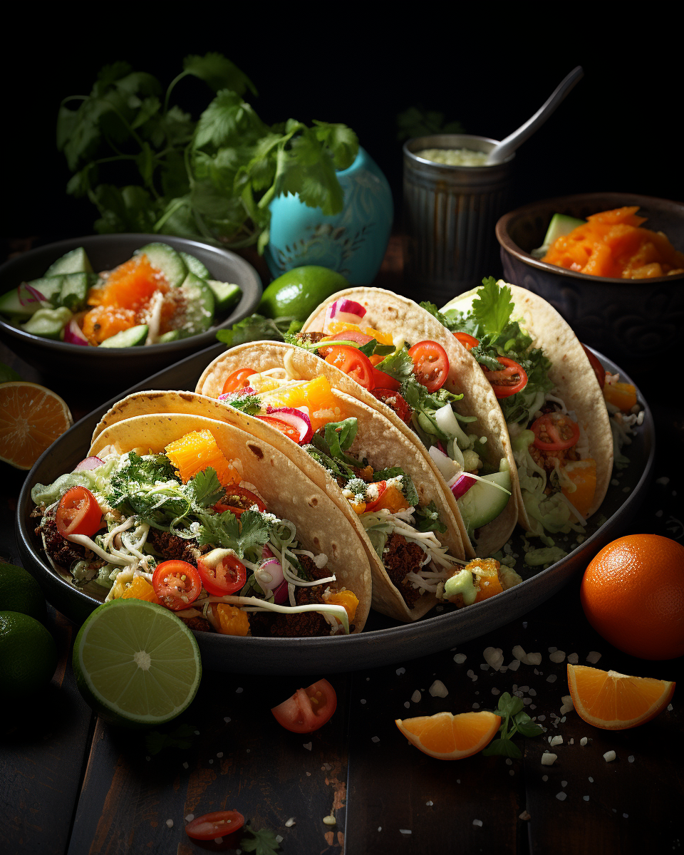 Colorful Gourmet Taco Trio on Dark Plate Photo on Lummi