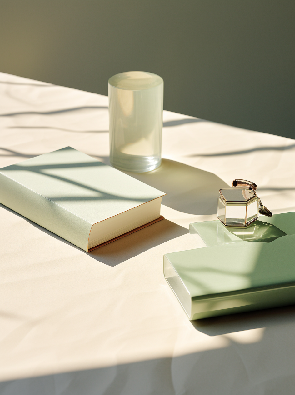 Elegant Pastel Green Study with Geometric Perfume Bottle Photo on Lummi