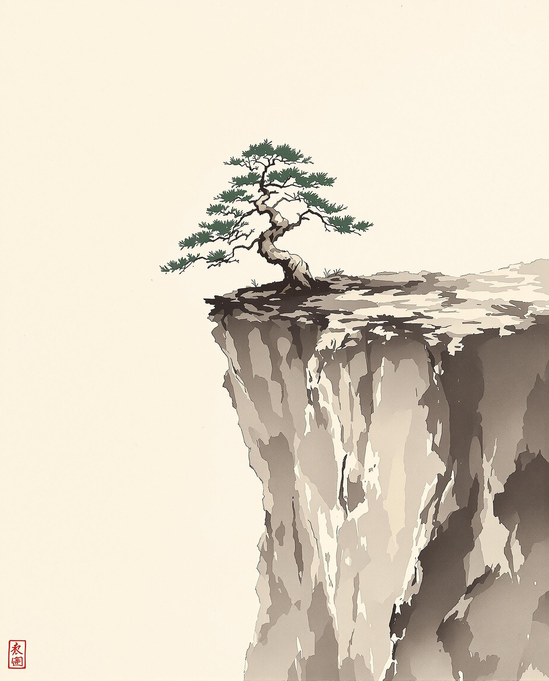 Japanese Cliff Bonsai Illustration on Lummi