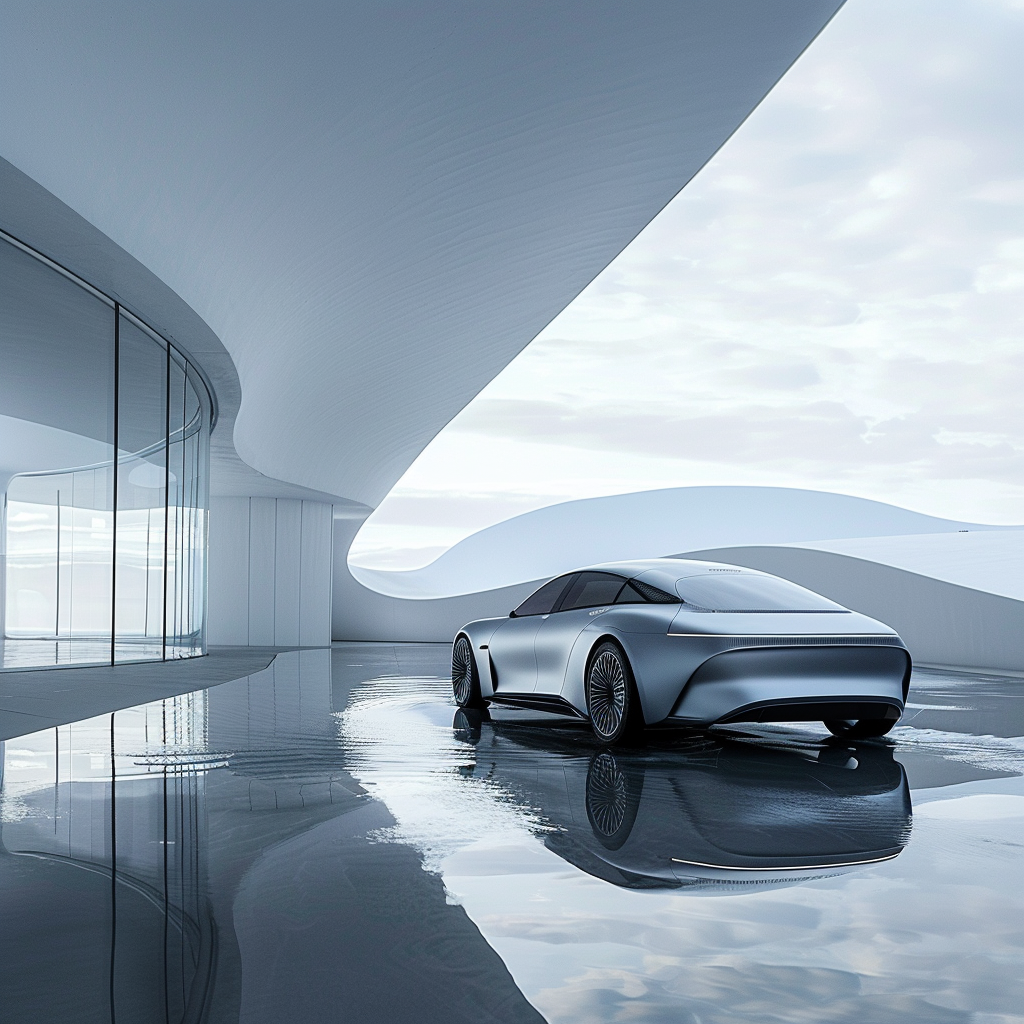 Futuristic Silver Car in Modern Architectural Space Photo on Lummi