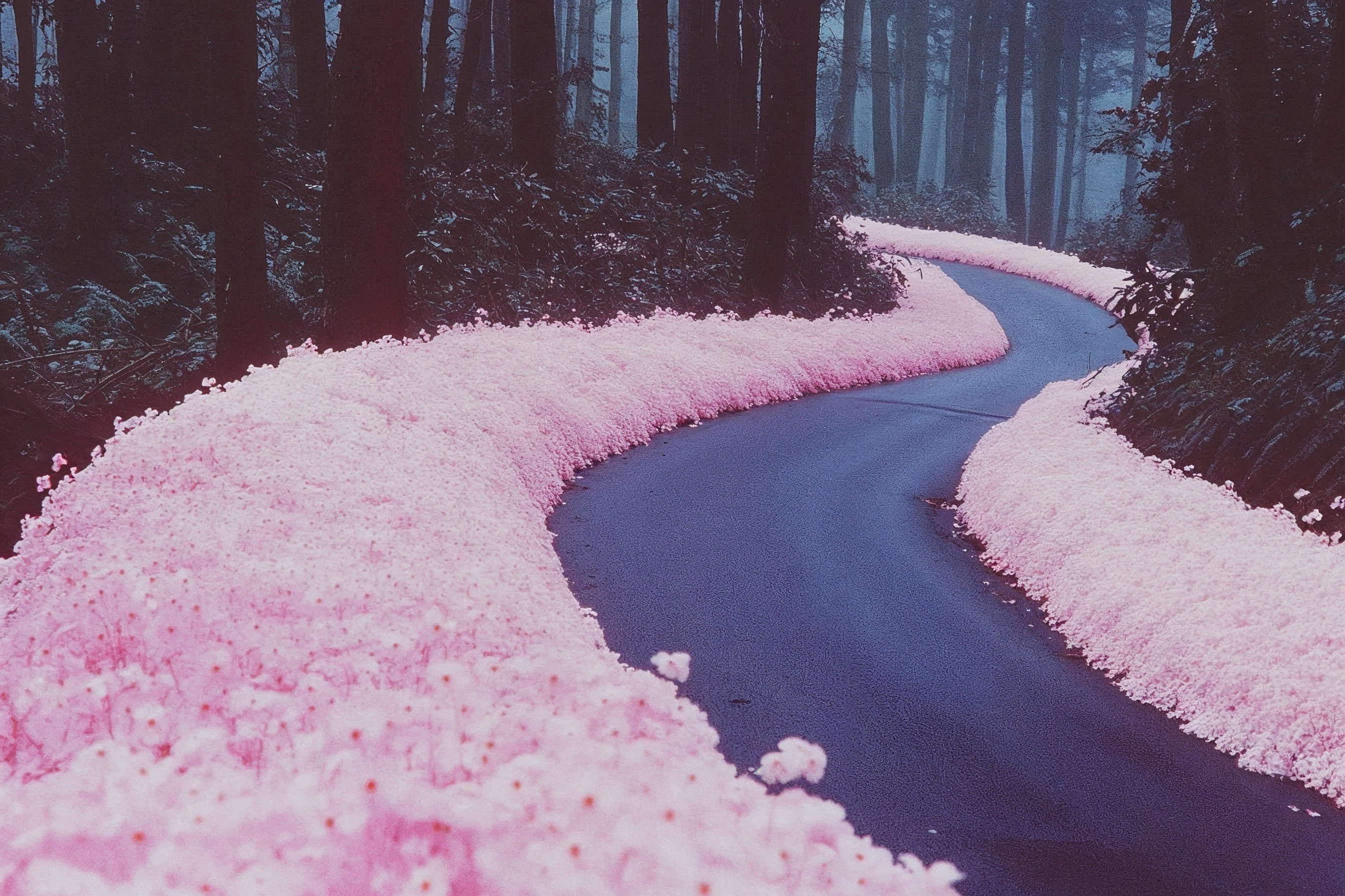 Winding Road with Pink Flowers Photo on Lummi