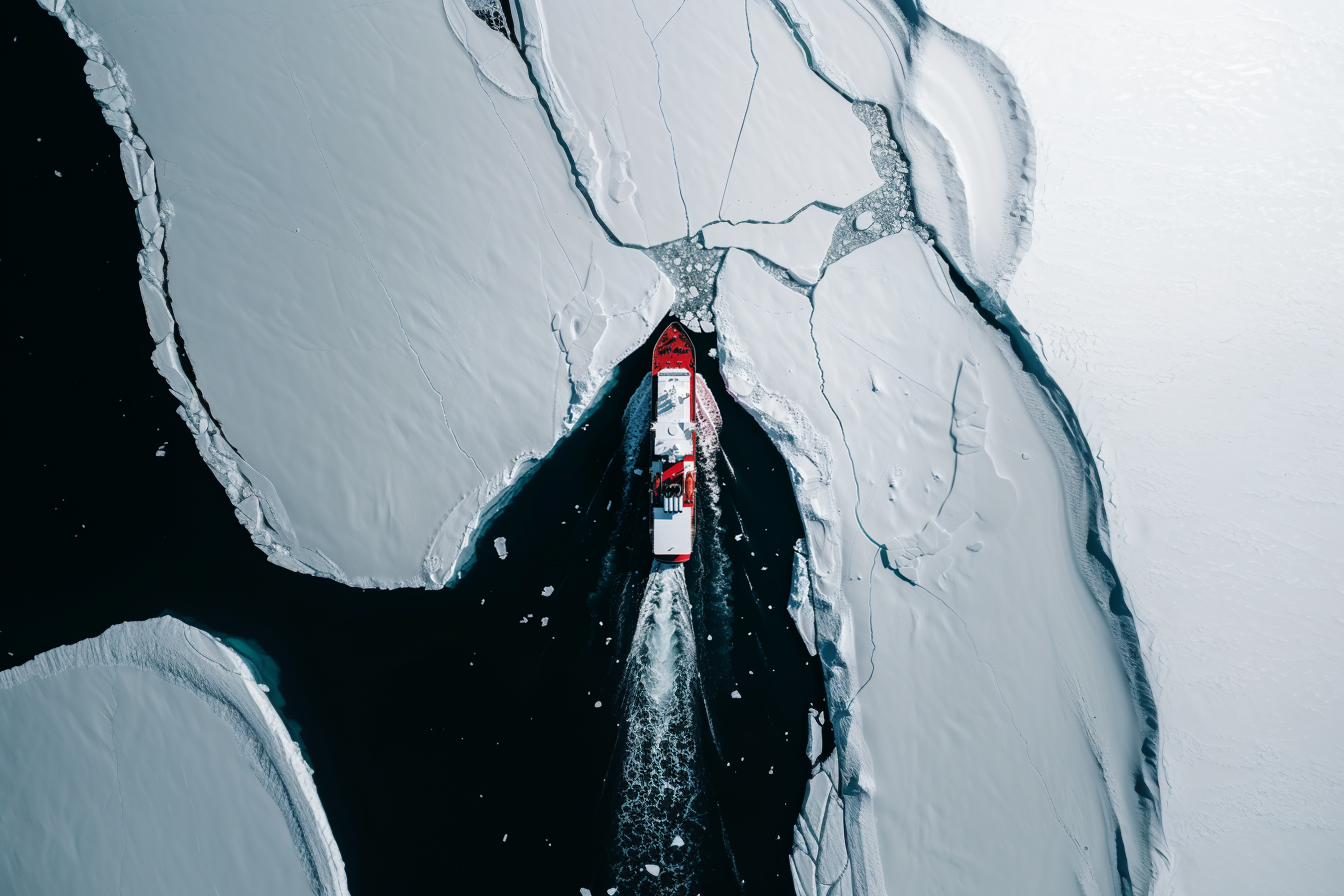 Red Ship in Icy Waters Photo on Lummi Red Ship in Icy Waters Photo on Lummi