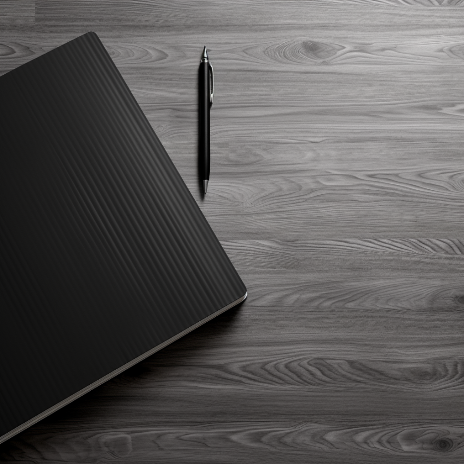 Elegant Black Notebook and Pen on Textured Wood Photo on Lummi