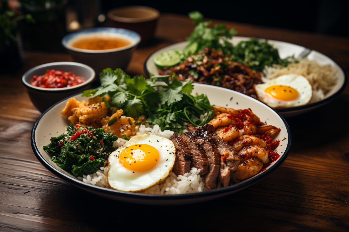 Colorful Fusion Feast with Sunny-Side-Up Egg and Grilled Meat Photo on ...
