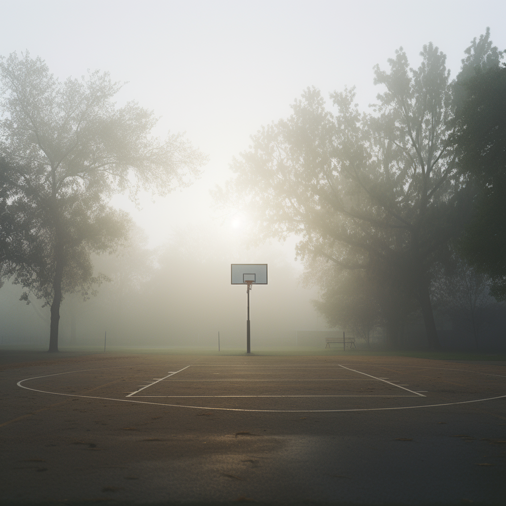 Ethereal Sunrise Fog on the Basketball Court Photo on Lummi