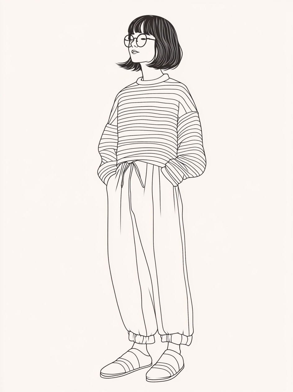 Lummi Illustration - Minimalist Monochromatic Line Drawing of Young Woman