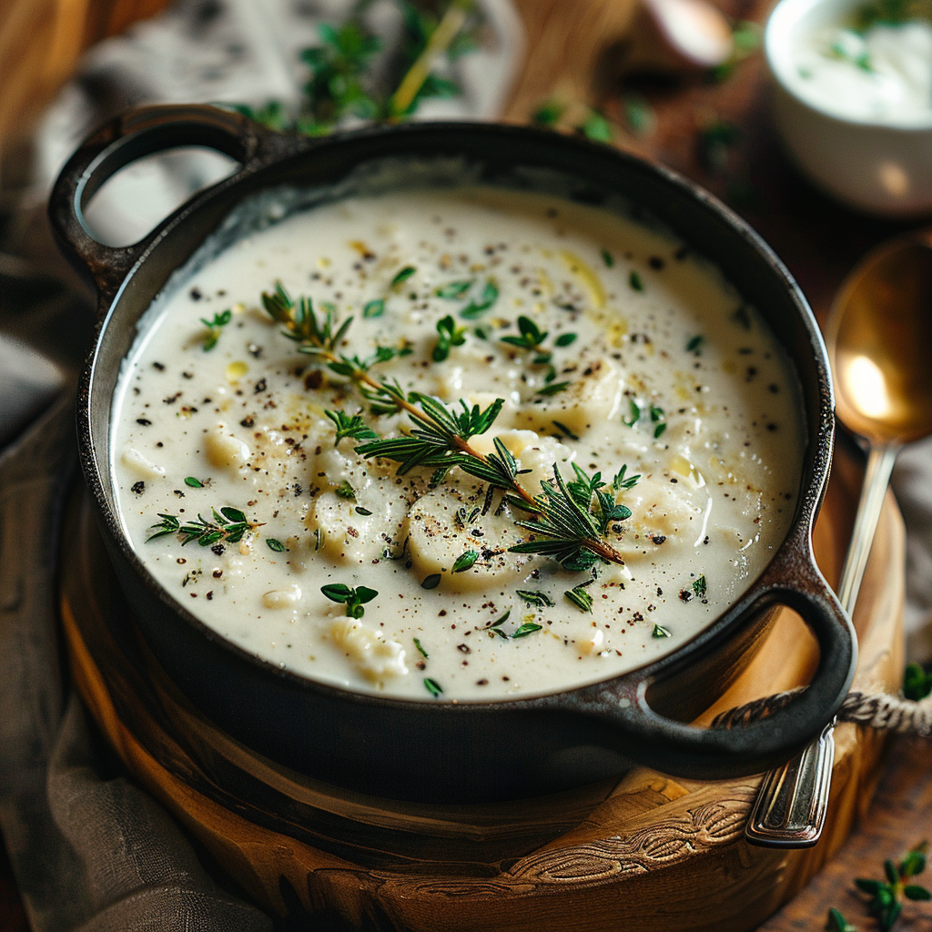 Rustic Creamy Soup in Cast-Iron Pot Photo on Lummi