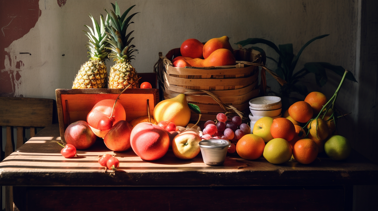 Sunlit Still-Life with Fruits on a Rustic Wooden Table Photo on Lummi