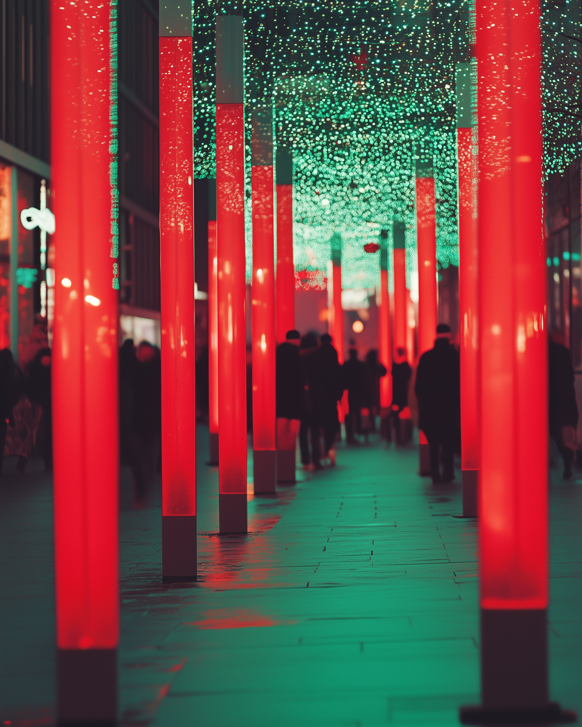 Vibrant Urban Scene with Glowing Red Pillars Photo on Lummi