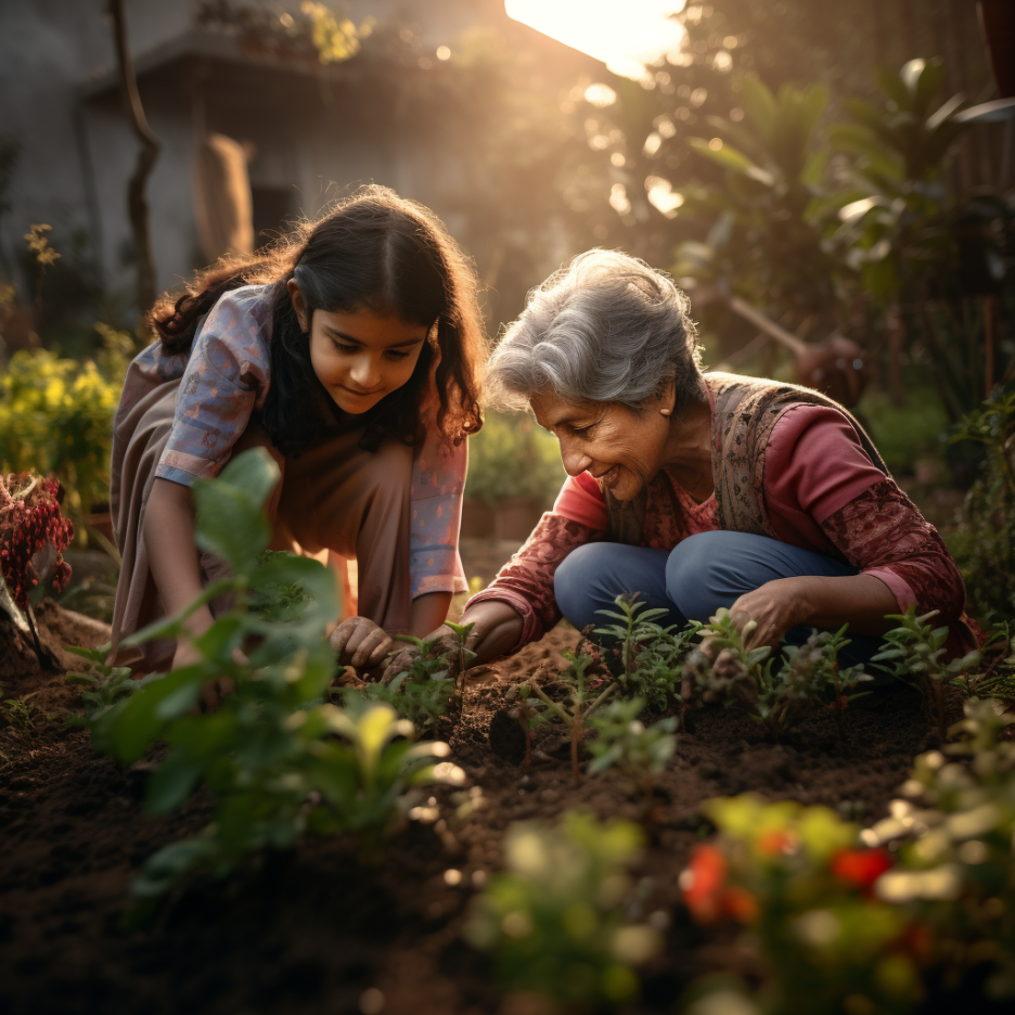 Intergenerational Garden Wisdom at Dusk Photo on Lummi