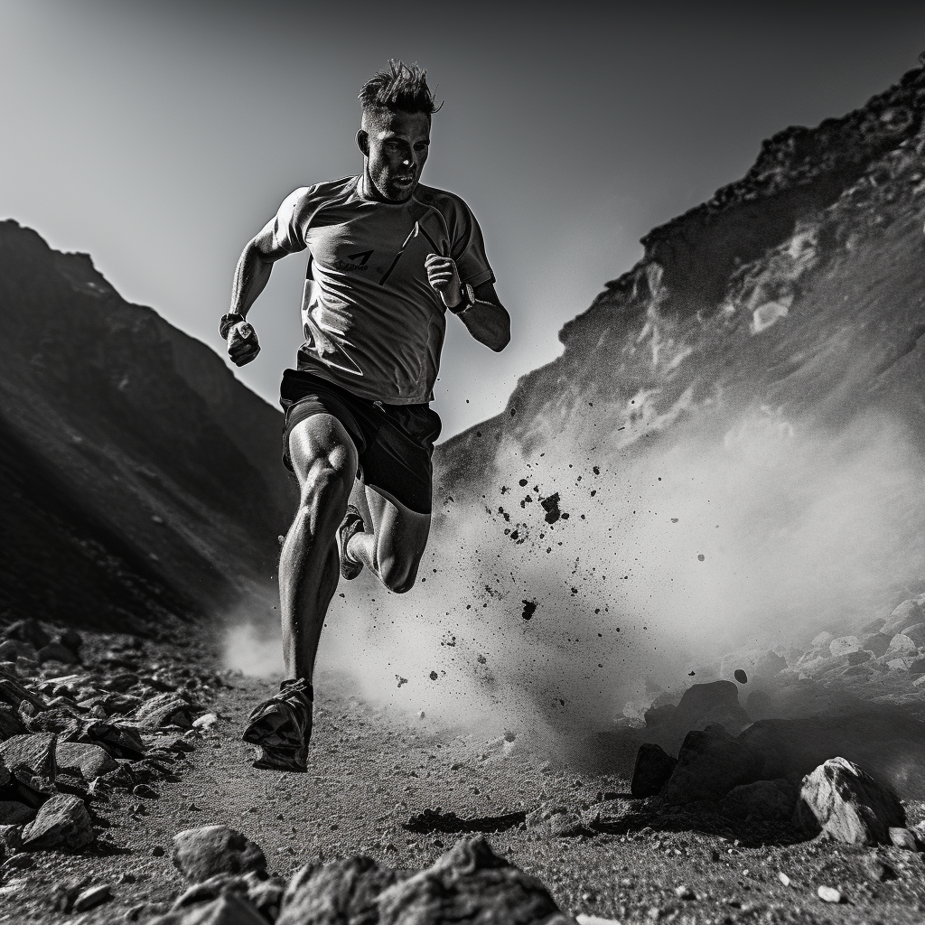 Determination Amidst the Elements: Mountain Trail Runner in Motion ...