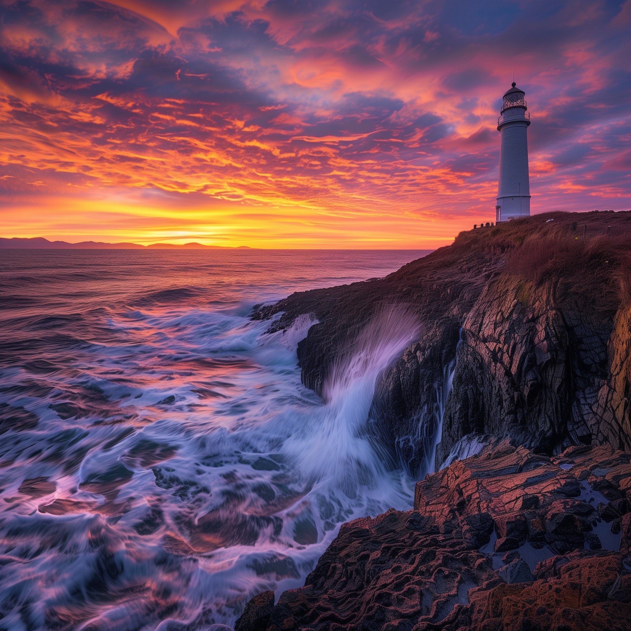 Lummi Photo - Dramatic Coastal Sunset with Lighthouse