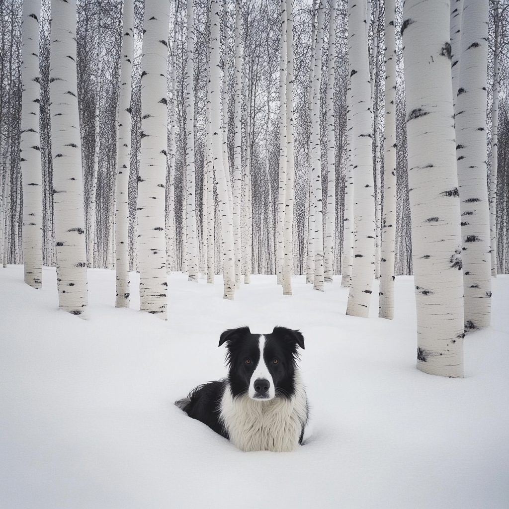 Dog in Snowy Birch Forest Photo on Lummi