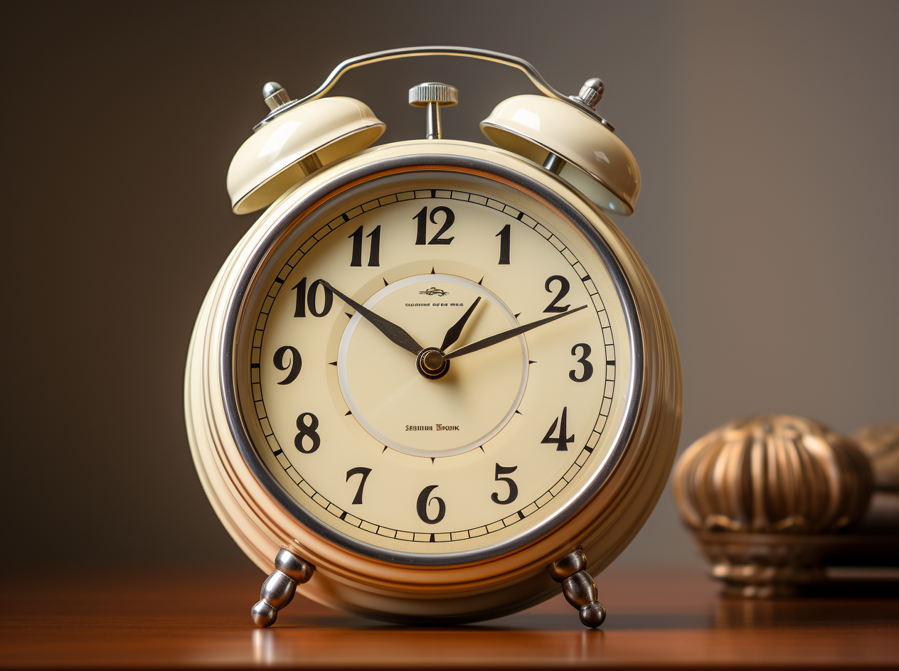 Vintage Golden Analog Alarm Clock on a Wooden Surface Photo on Lummi