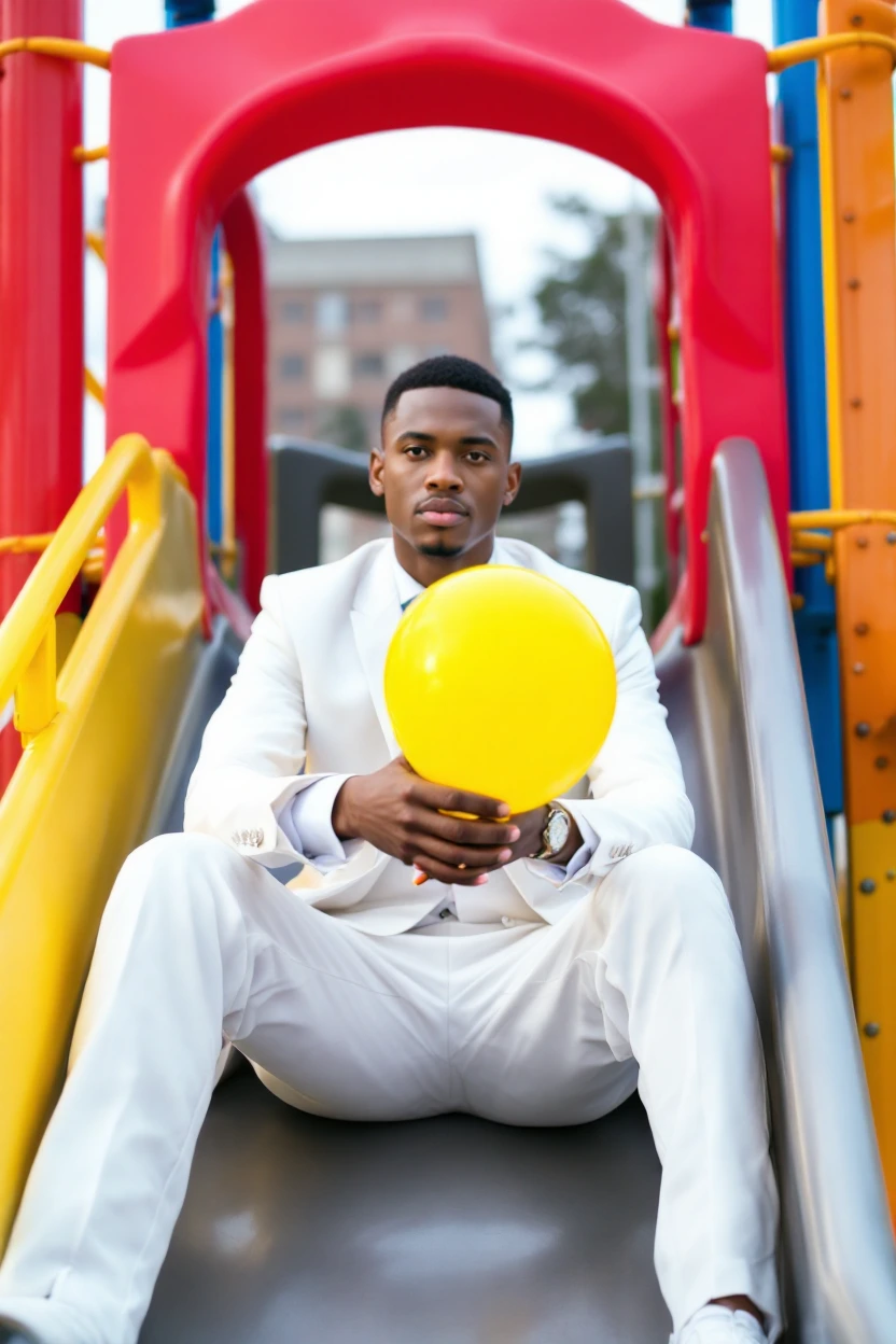 Lummi Photo - Man in White Suit on Playground Slide