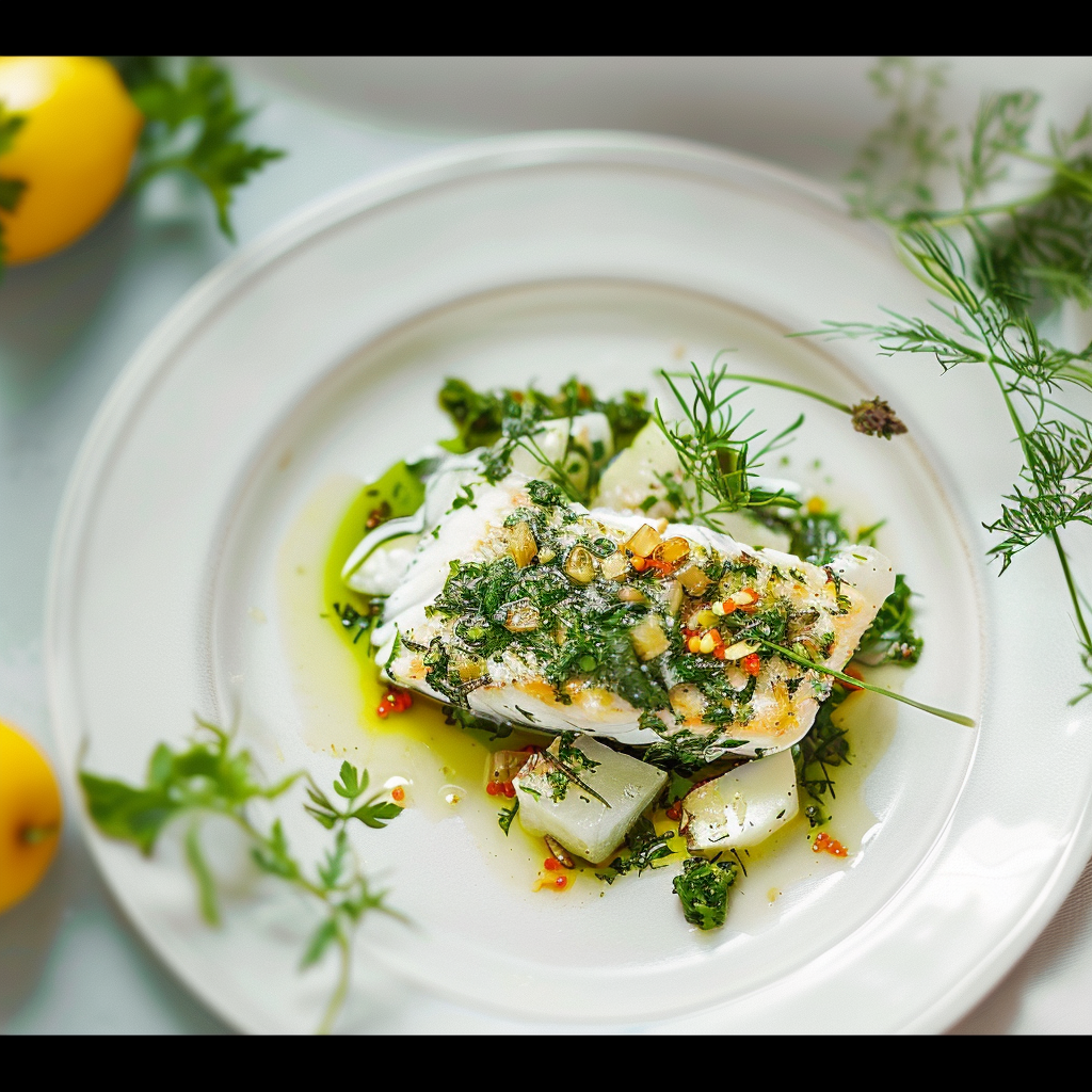 Gourmet Poached Fish Dish with Herb Sauce Photo on Lummi