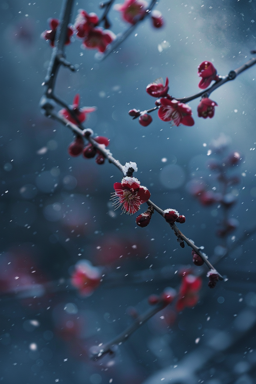 Snow-Dusted Red Plum Blossoms Photo on Lummi