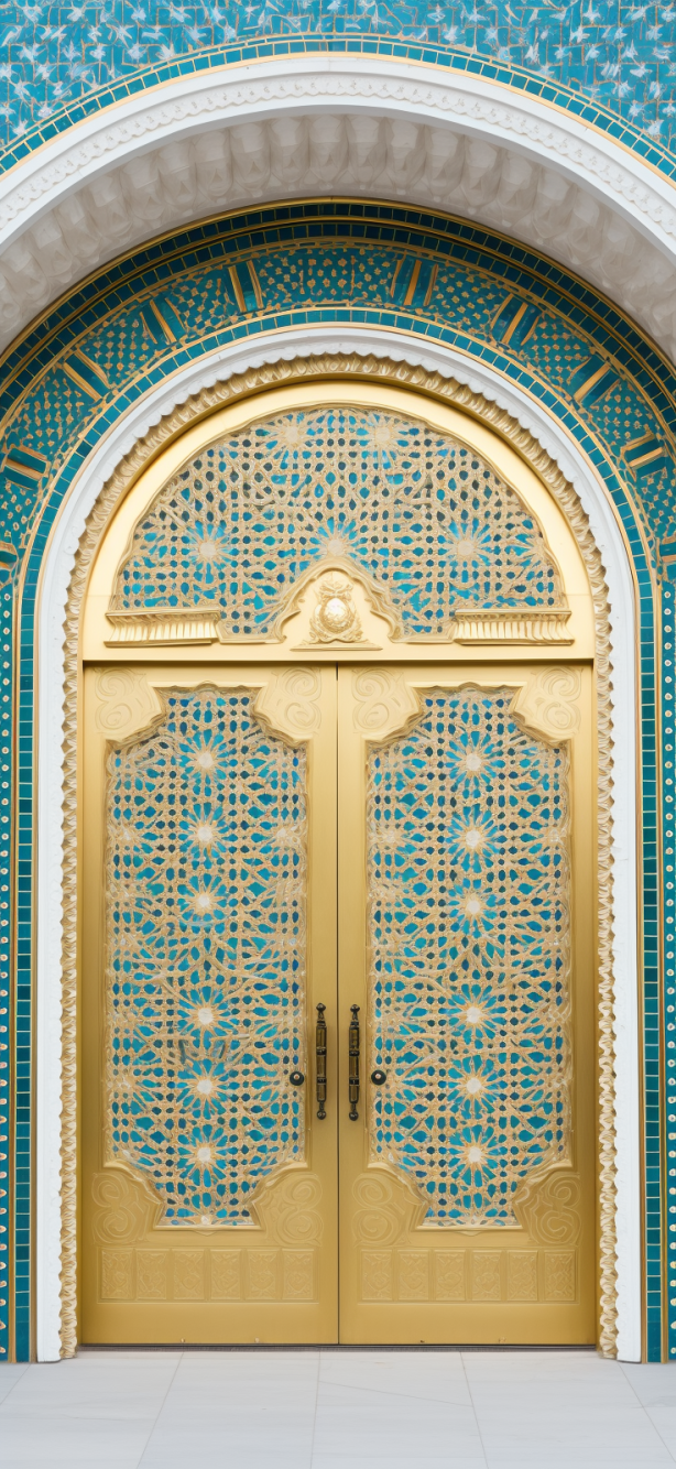 Luxurious Golden Ornate Double Doors with Lattice Design and Turquoise ...