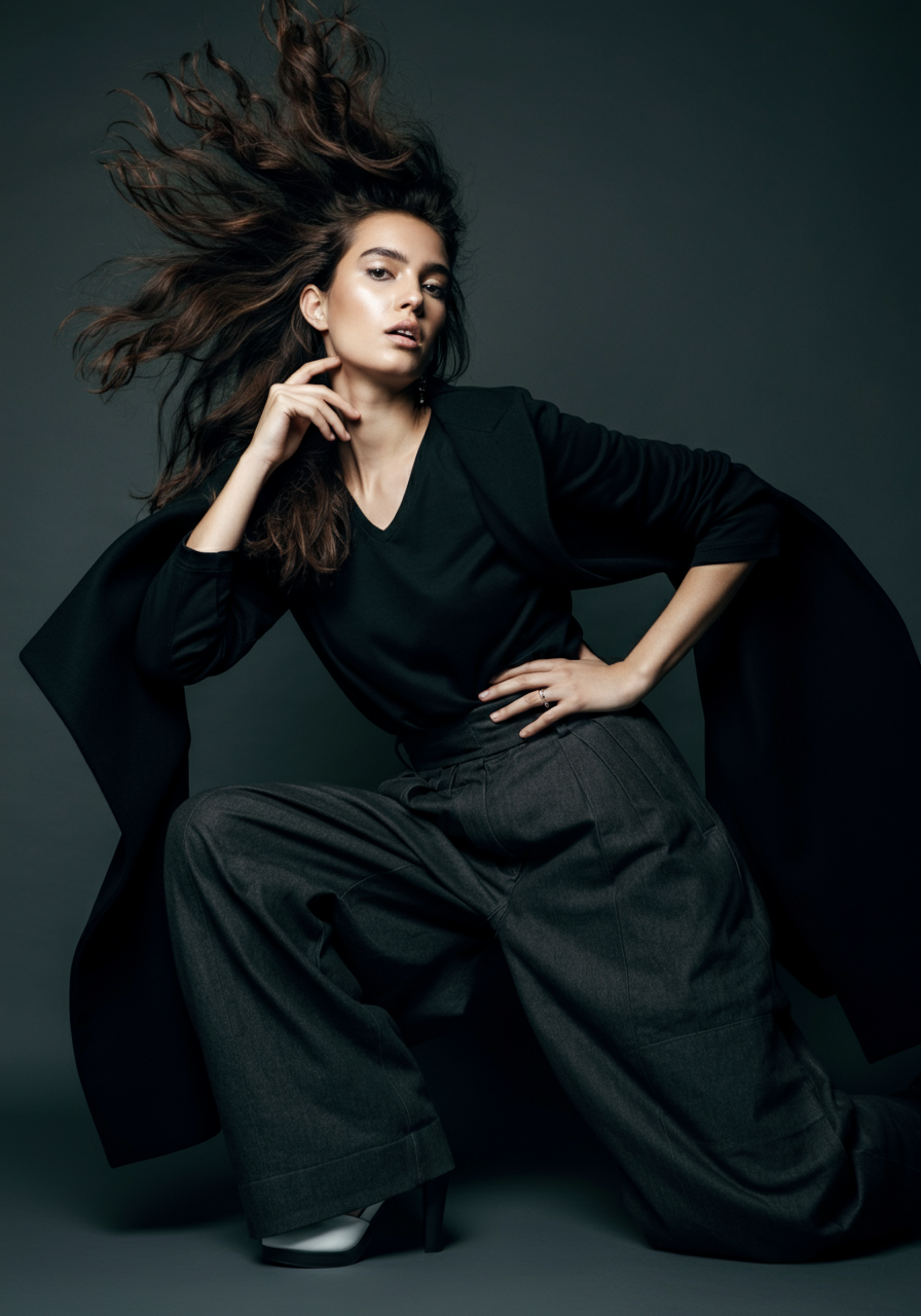 Dynamic Studio Portrait of Woman in Black Attire Photo on Lummi