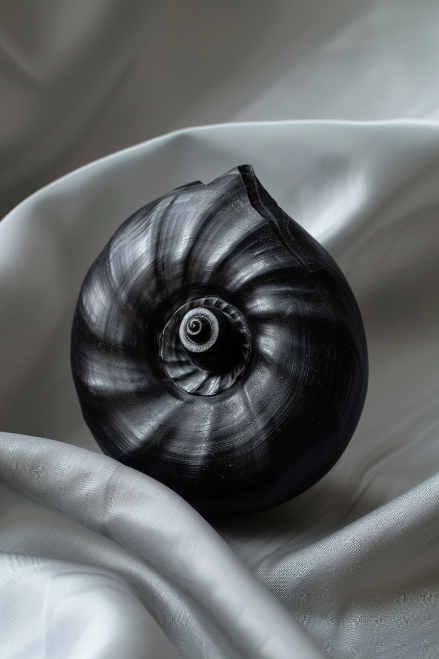 Glossy Black Snail Shell on Fabric Photo on Lummi
